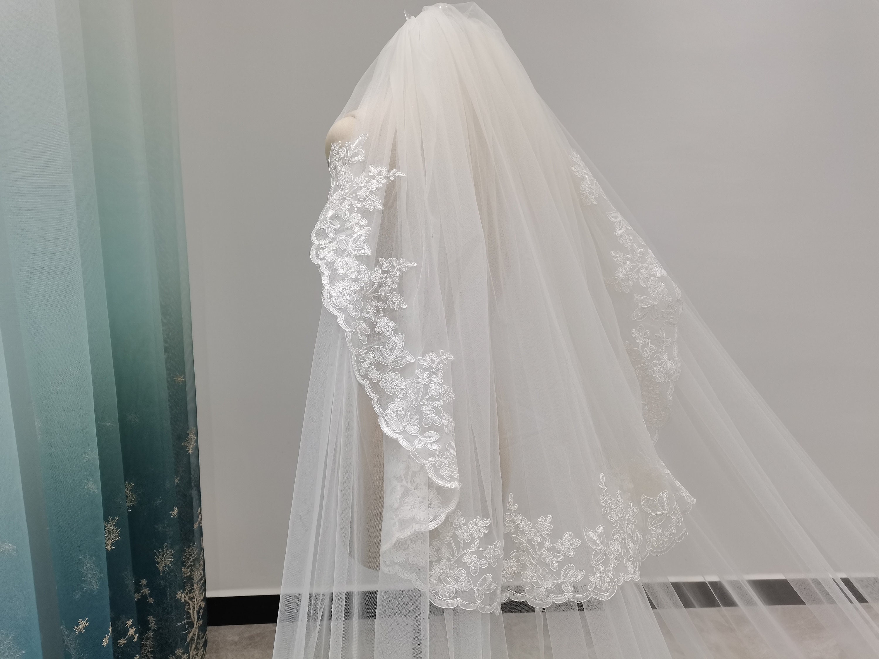 Cathedral Length Bridal Wedding Veil Lace Edge Veil White Two-tier ...