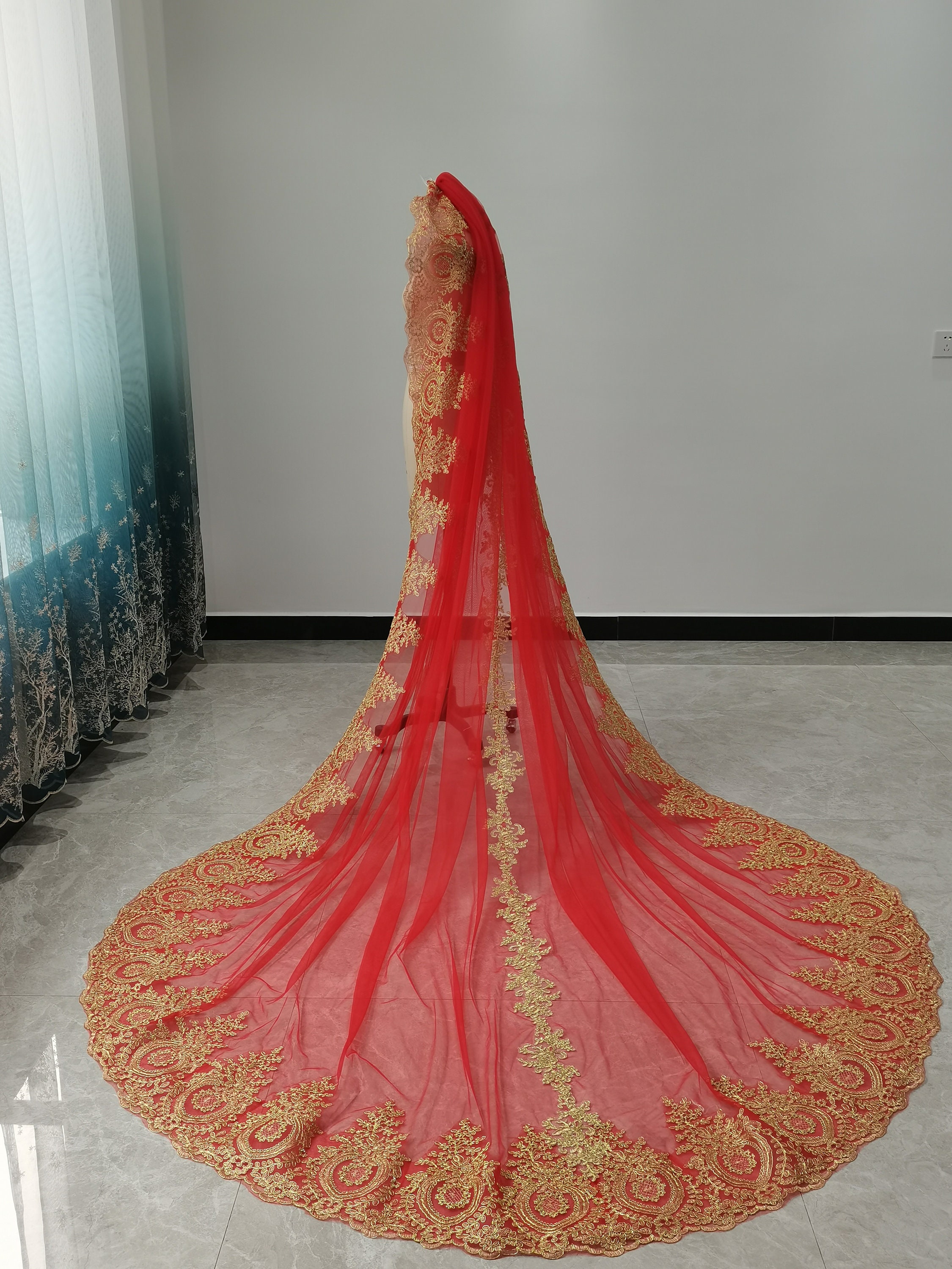Red Veil ，cathedral Veil，bridal Veil ，gold Lace Edge，one Layer Veil ...