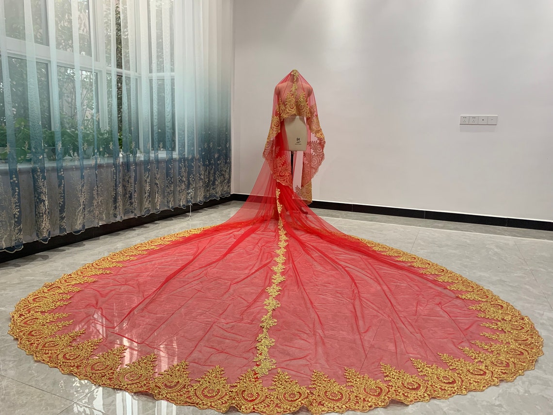 Cathedral Length Gorgeous Wedding Veil Regal Veil Red Bridal | Etsy