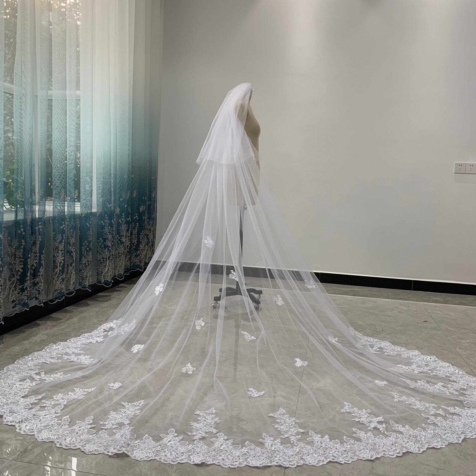 Two Layers Veil, White Cathedral Bridal Veil, Lace Wedding Veil, Ivory ...
