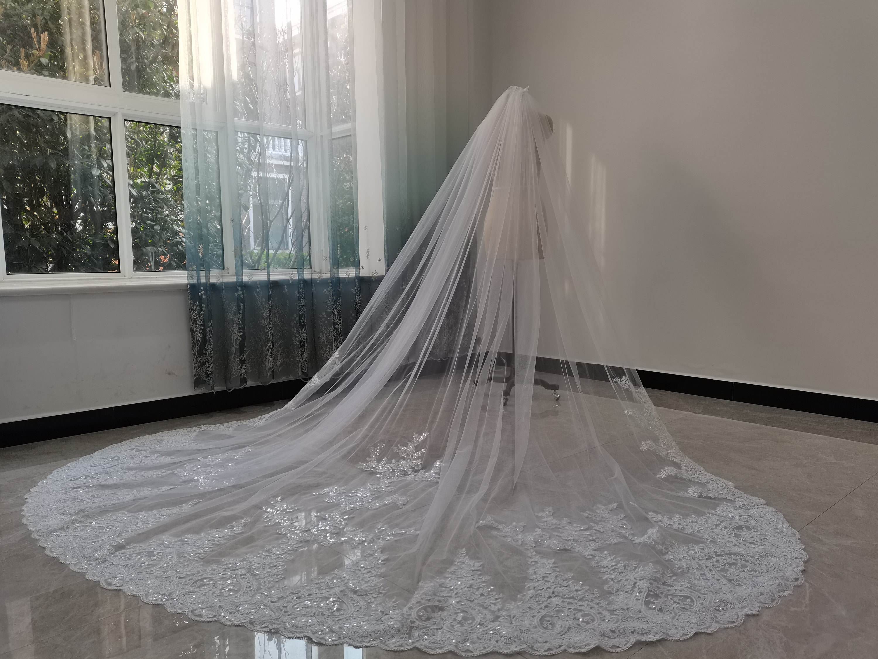 Sequined Lace Veil White Cathedral Wedding Veil Ivory Tulle - Etsy