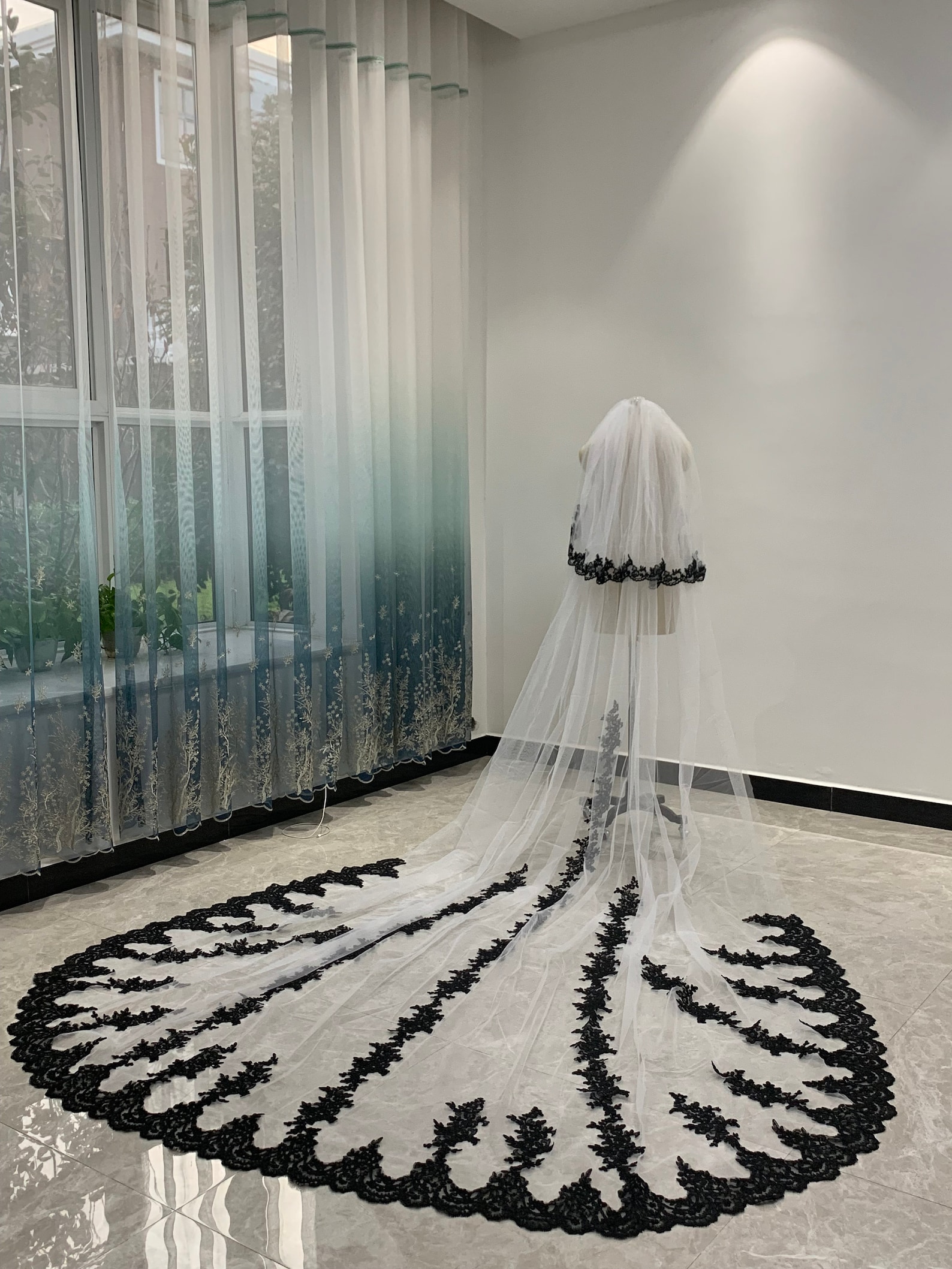 White or Ivory Two Layer Veil Black Lace Bridal Veil Lace Cathedral ...