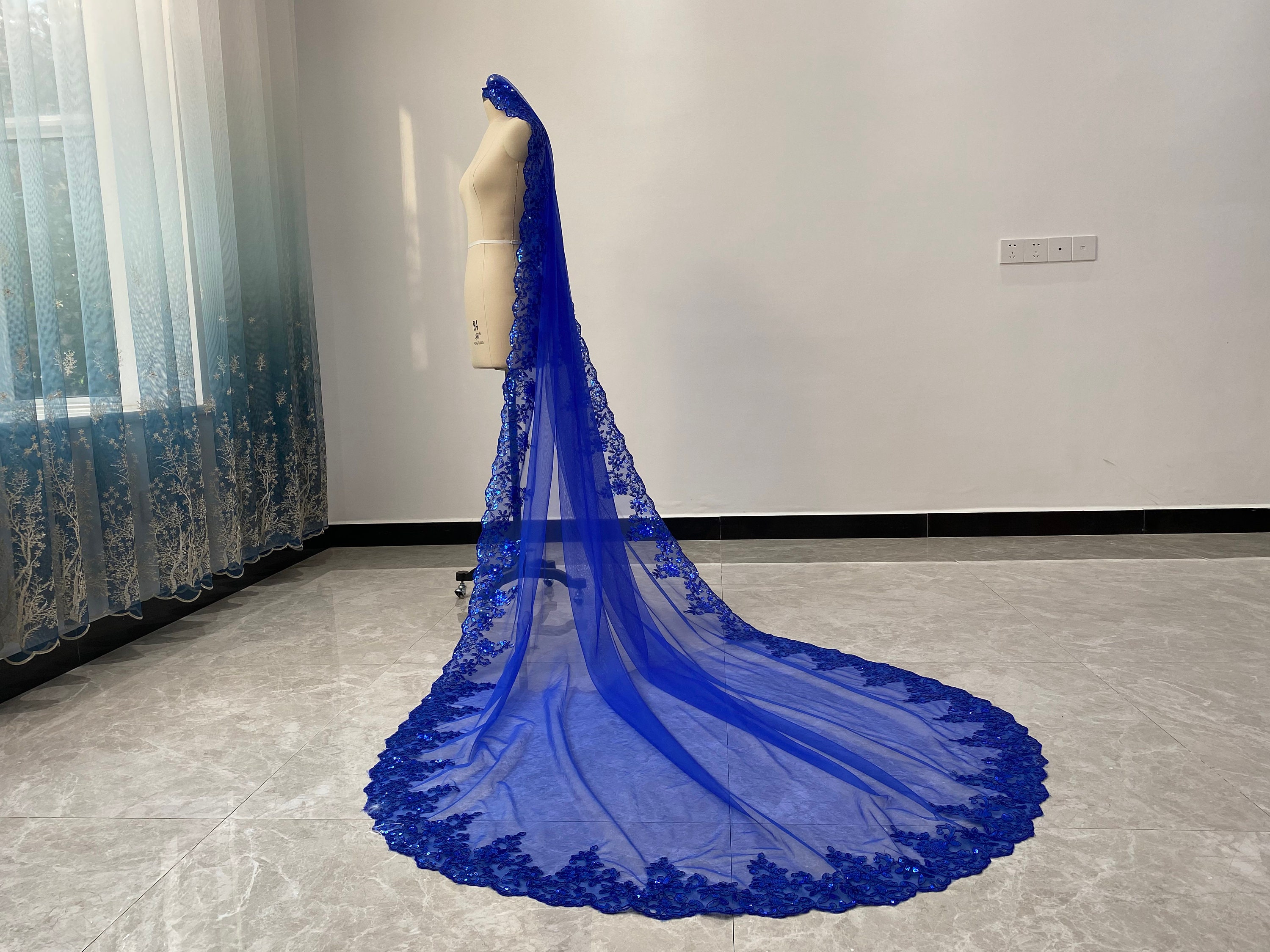 Gorgeous Blue Wedding Veil Cathedral Bridal Veil Blue Sequin Lace ...
