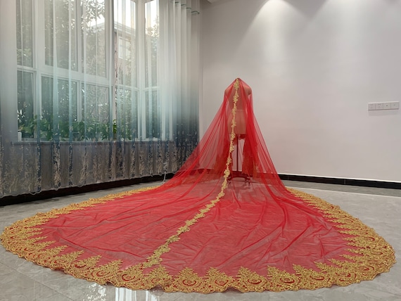 Cathedral Length Gorgeous Wedding Veil Regal Veil Red Bridal | Etsy
