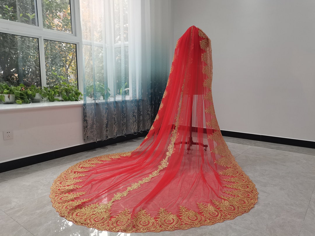 Red Veil ，cathedral Veil，bridal Veil ，gold Lace Edge，one Layer Veil ...