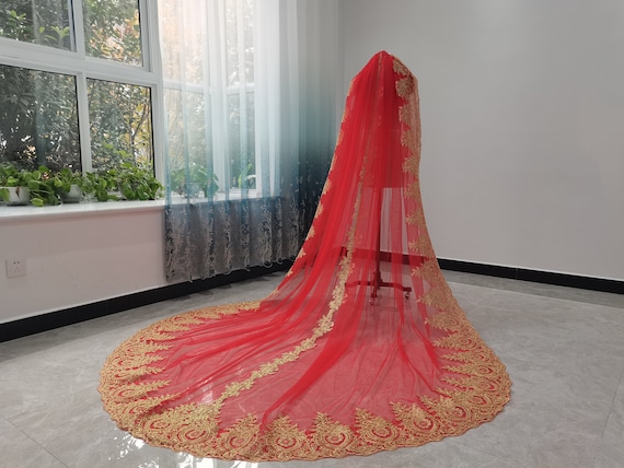 Red Veil cathedral Veilbridal Veil gold Lace Edgeone Layer | Etsy