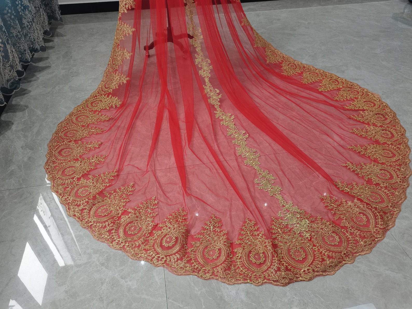 Red Veil cathedral Veilbridal Veil gold Lace Edgeone Layer - Etsy