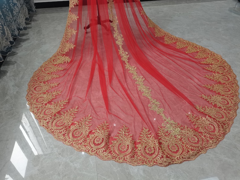 Red Veil ，cathedral Veil，bridal Veil ，gold Lace Edge，one Layer Veil ...