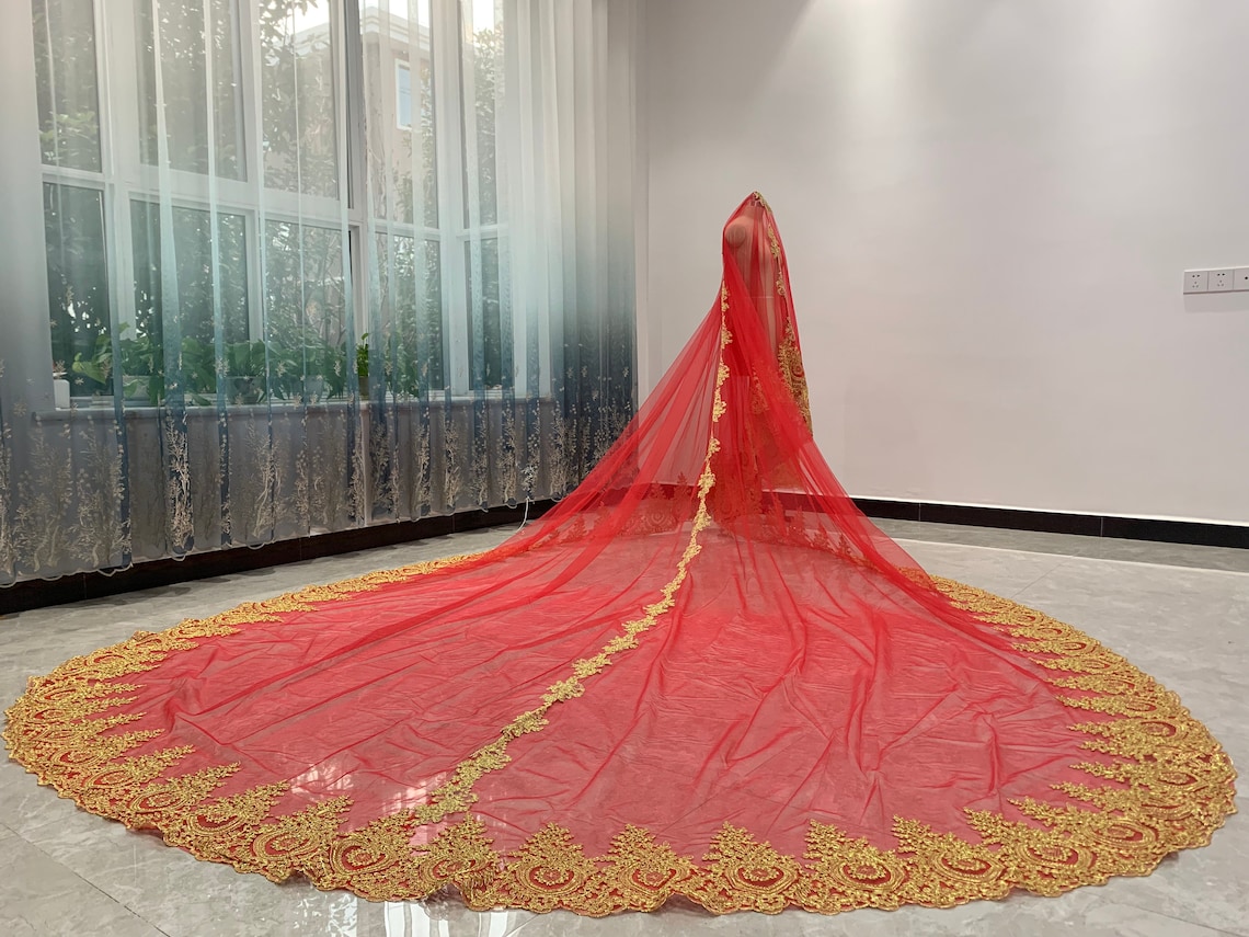 Cathedral Length Gorgeous Wedding Veil Regal Veil Red Bridal | Etsy