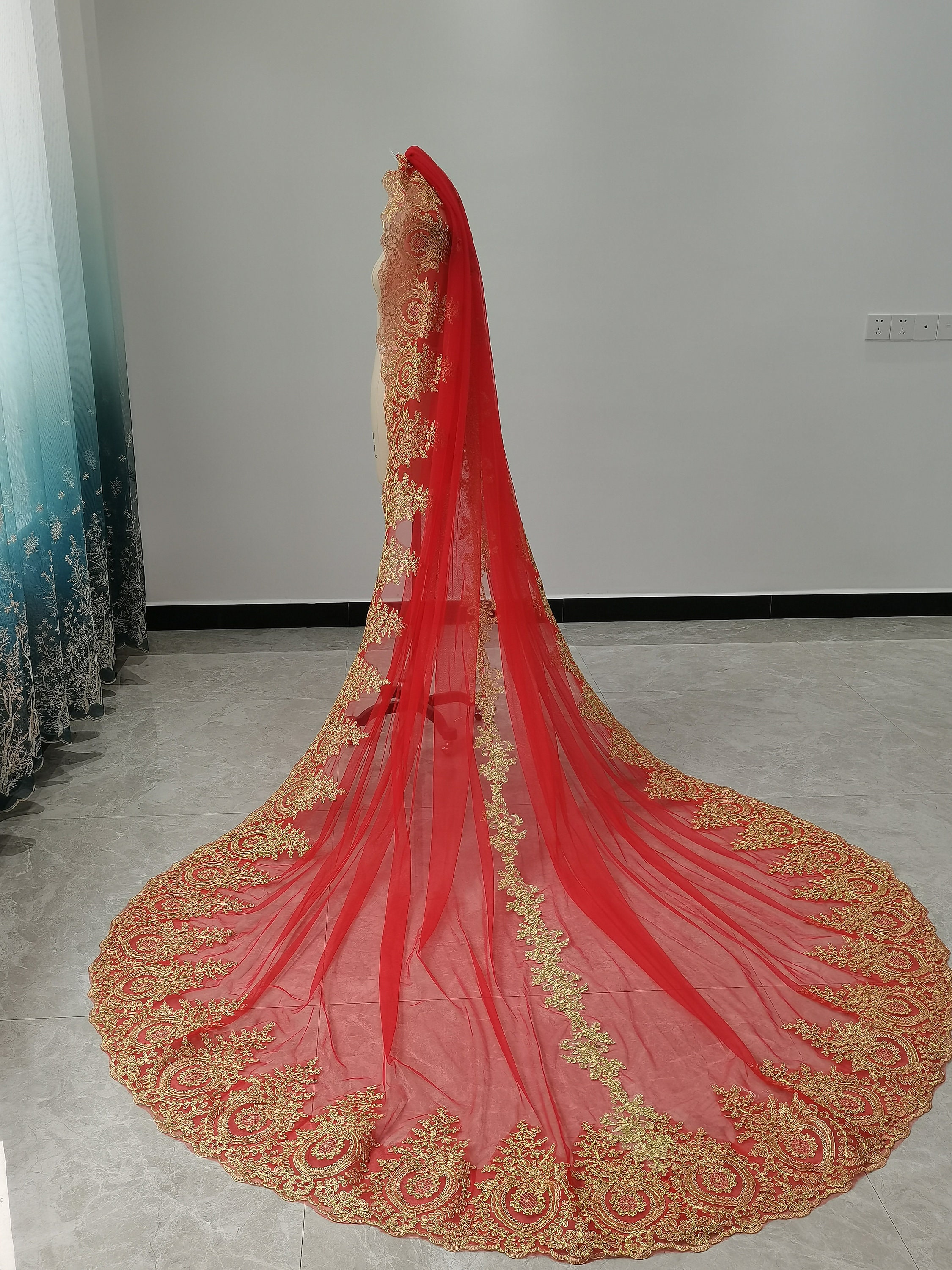 Red Veil Cathedral VeilBridal Veil Gold Lace EdgeOne Layer | Etsy