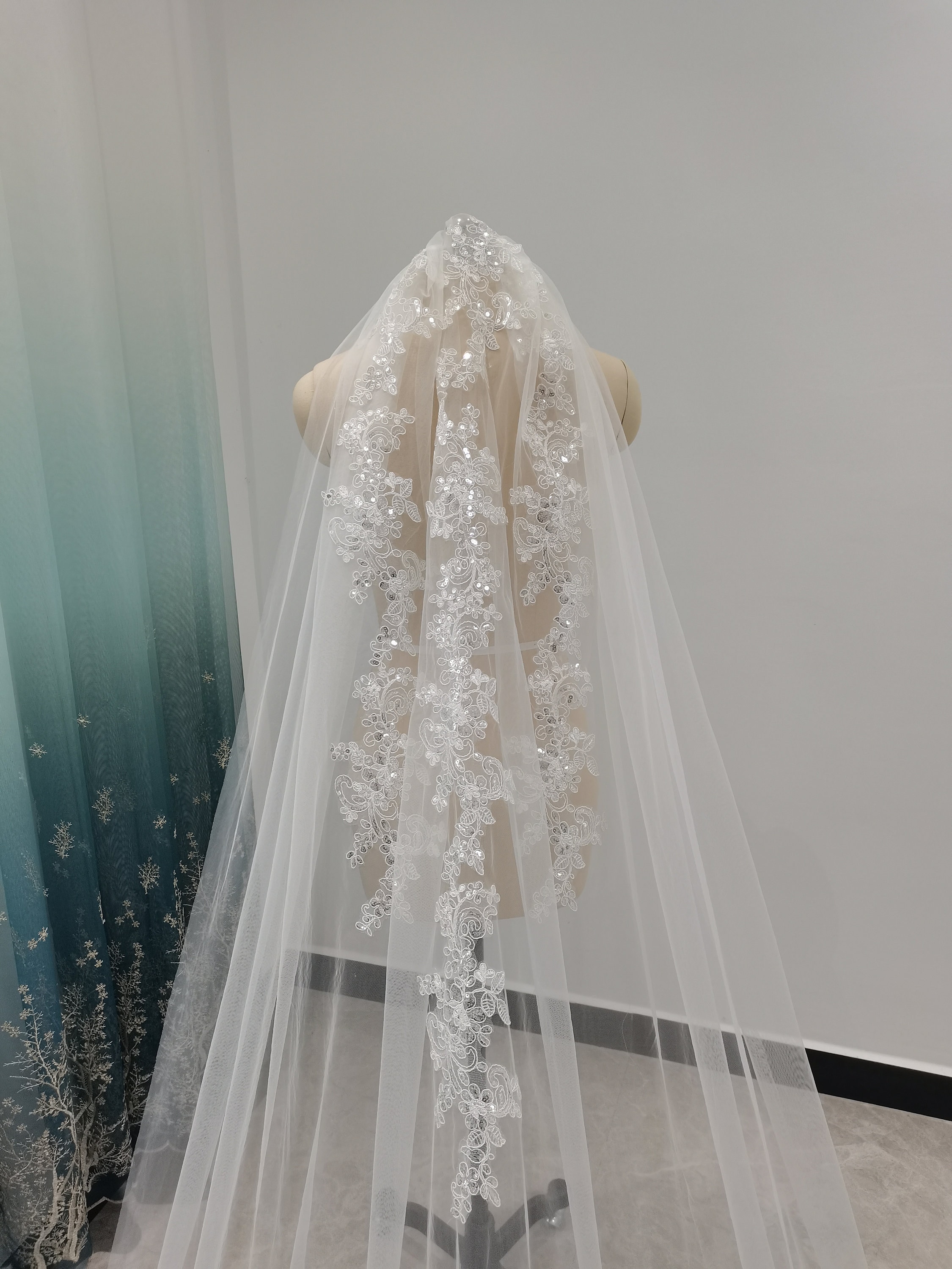 Single Tier Lace Wedding Veil Cathedral Length Lace Bridal Veil White ...
