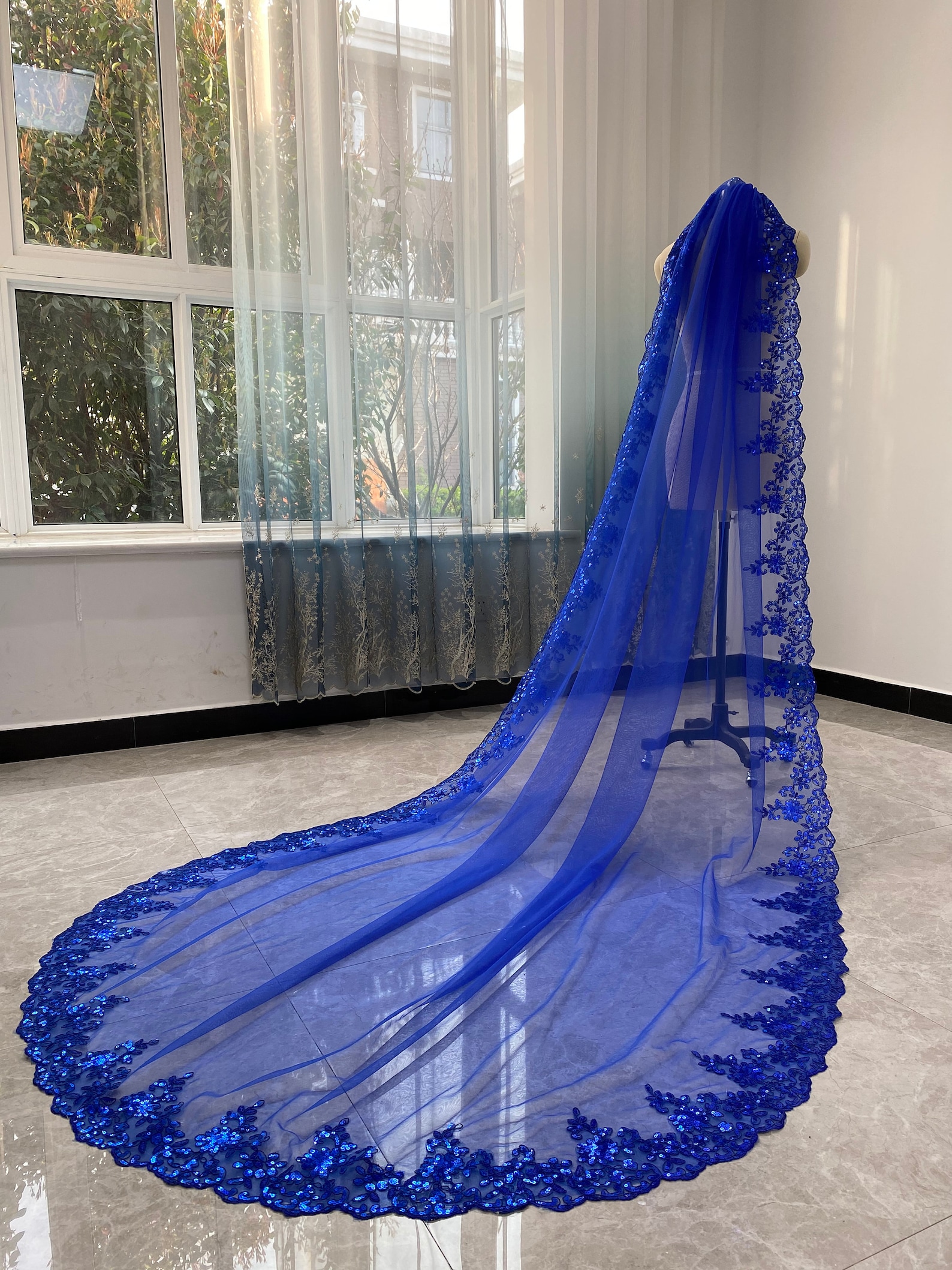 Gorgeous Blue Wedding Veil Cathedral Bridal Veil Blue Sequin Lace ...