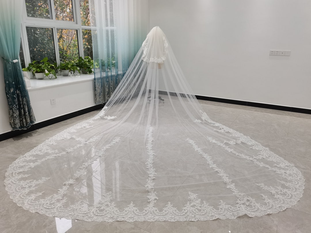 Cathedral Length Bridal Wedding Veil Lace Edge Veil White Two-tier ...