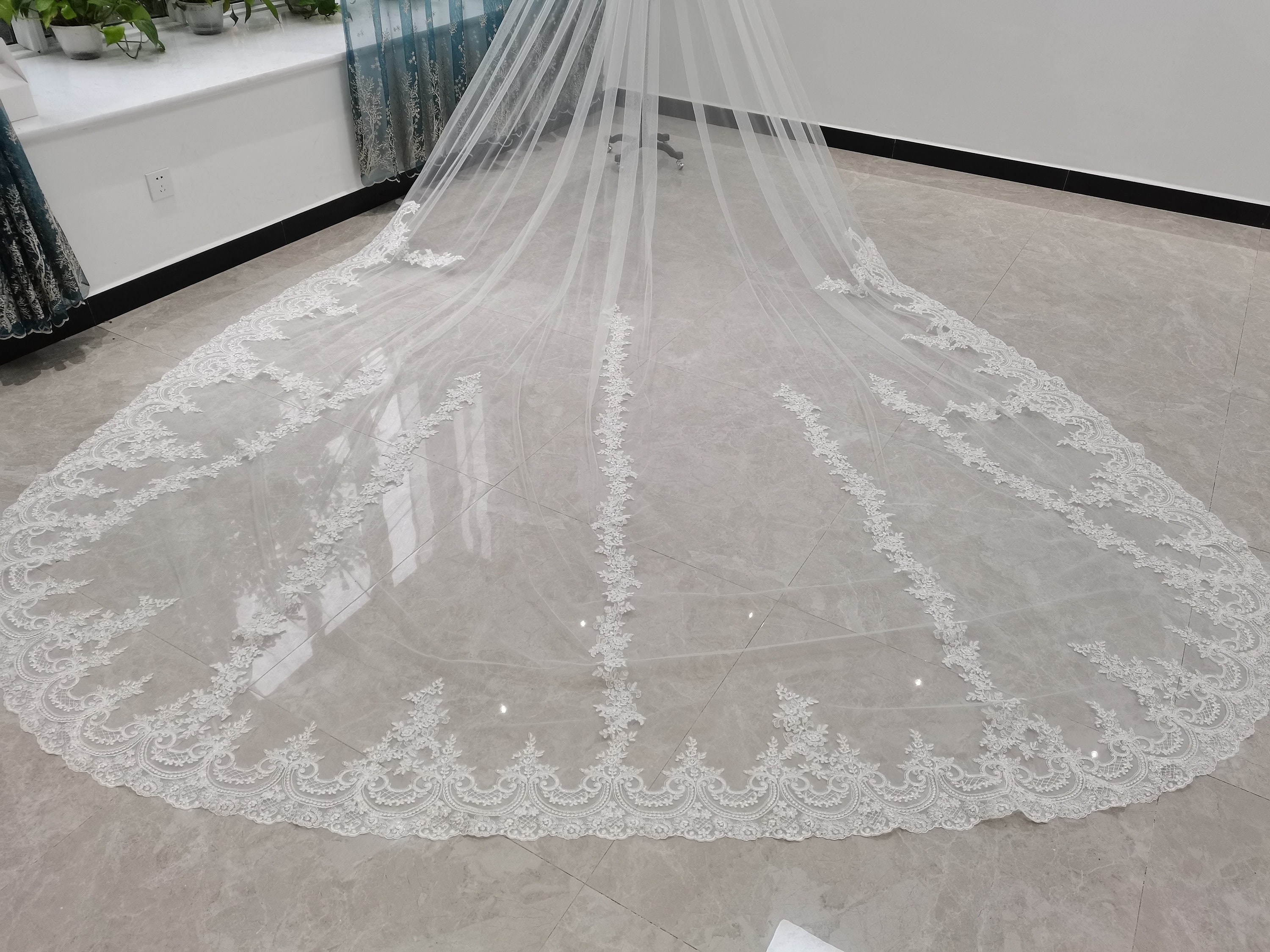 Cathedral Length Bridal Wedding Veil Lace Edge Veil White Two-tier ...