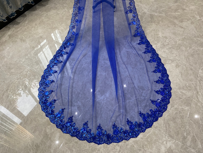 Gorgeous Blue Wedding Veil Cathedral Bridal Veil Blue Sequin Lace ...