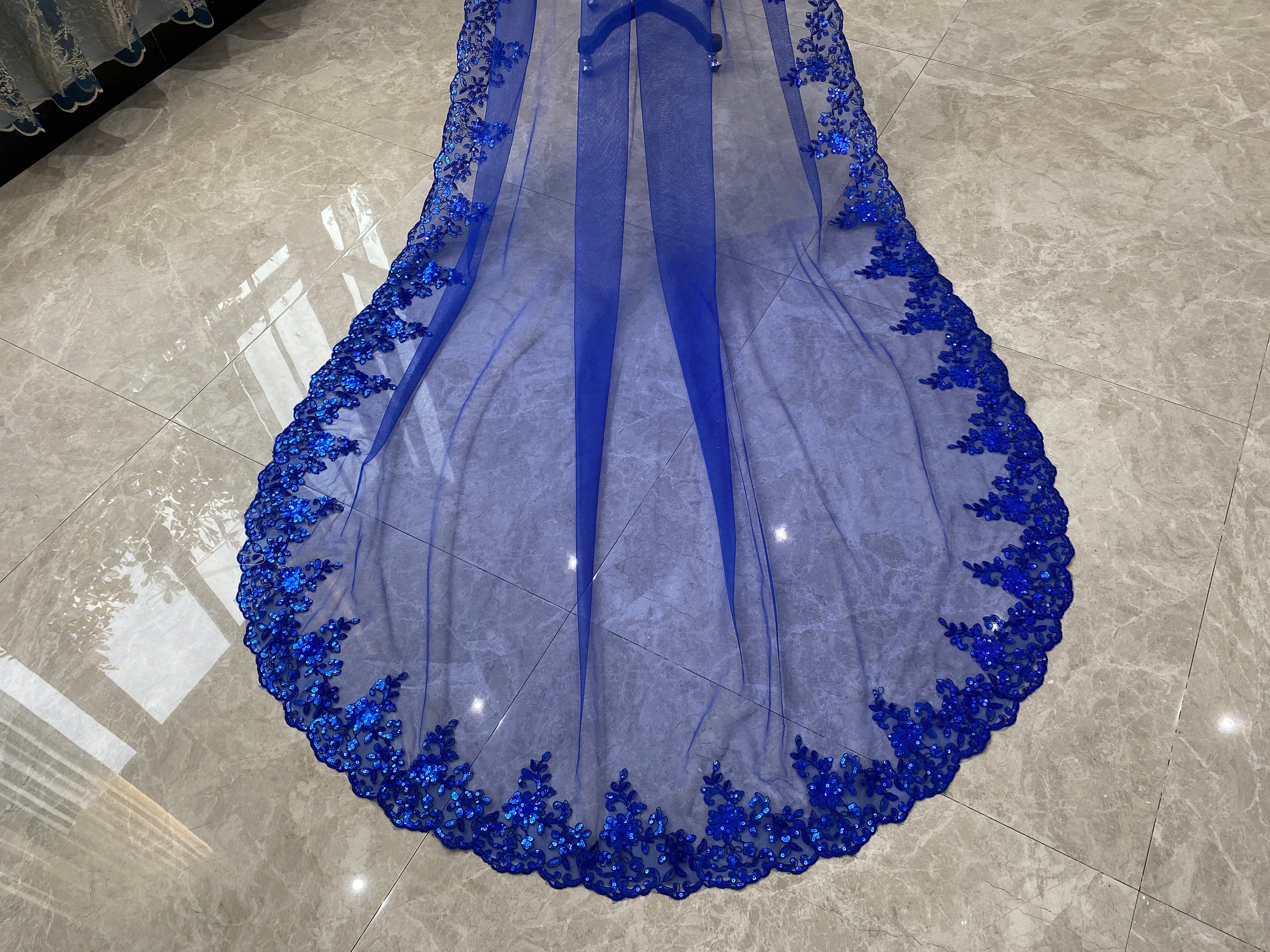 Gorgeous Blue Wedding Veil Cathedral Bridal Veil Blue Sequin Lace ...