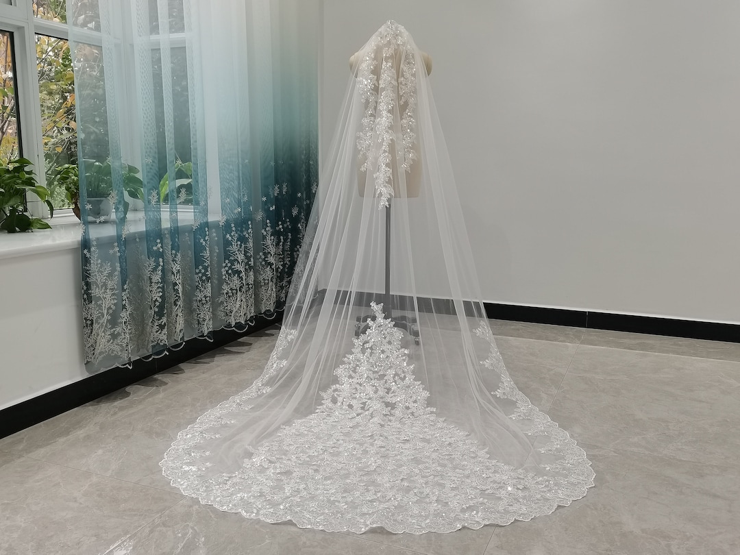 Single Tier Lace Wedding Veil Cathedral Length Lace Bridal Veil White ...