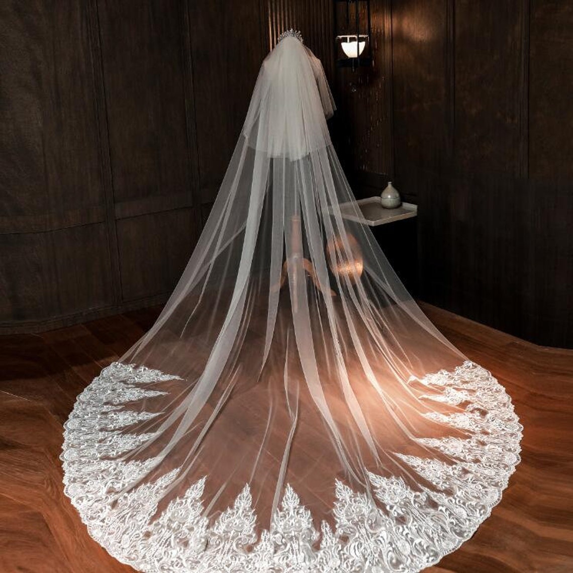 Vintage 118 Inches Cathedral Length Lace Wedding Veil Ivory Lace Bridal ...