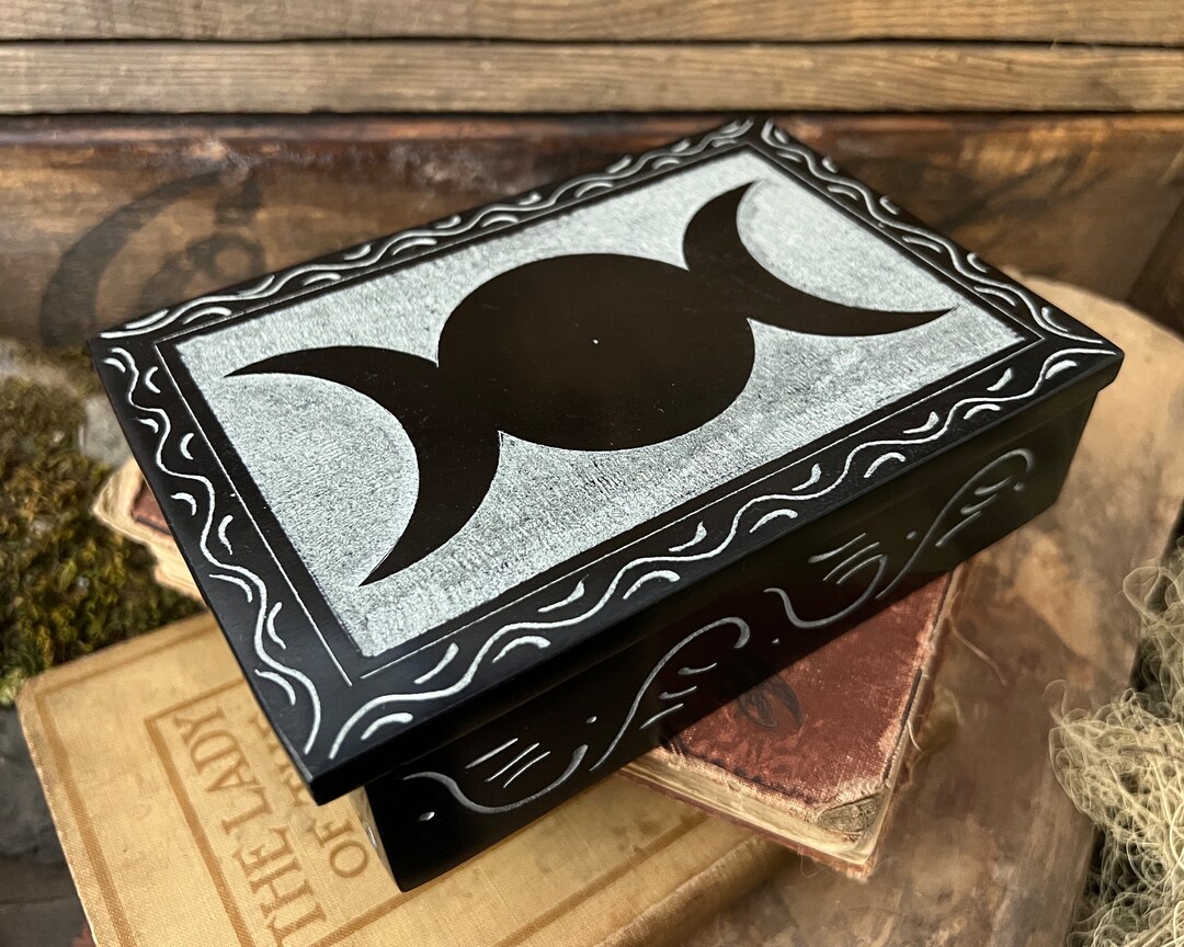 Black Triple Moon Soapstone Box Witchcraft Spellbox Celtic Design Magick Container Jewelry Stone ...