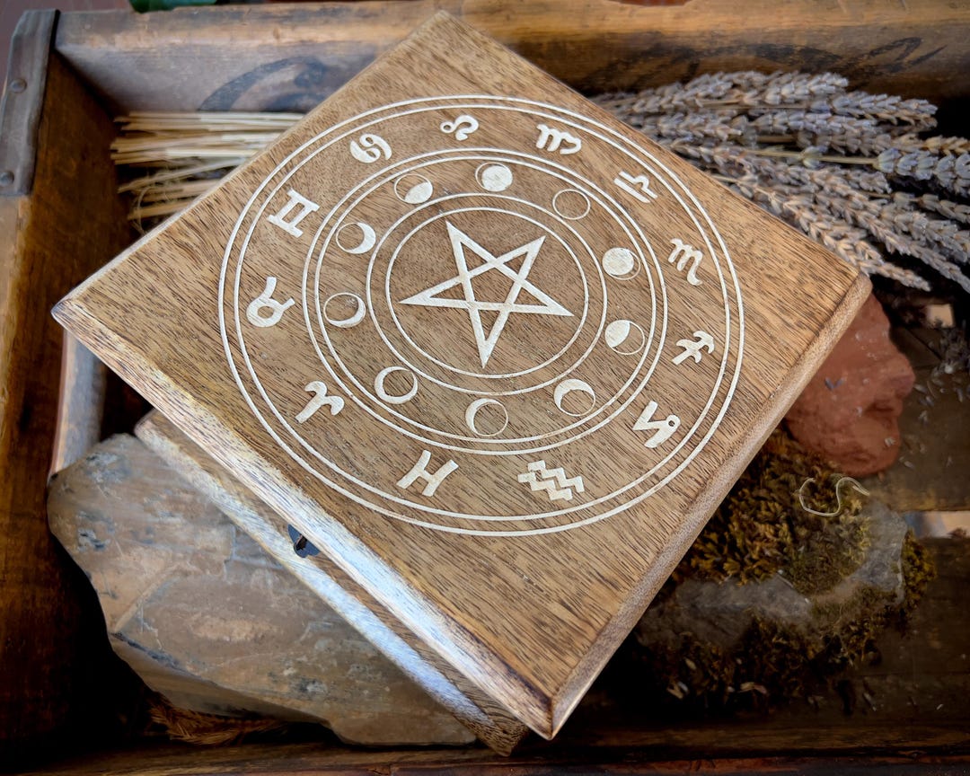 Carved Wooden Pentacle Box: Astrology Moon Phase Altar Decor - Etsy