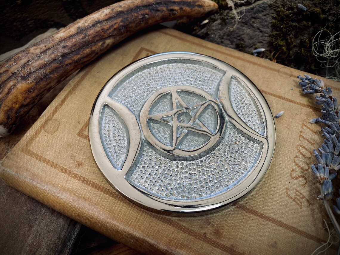 Triple Moon Pentacle Altar Plate Pentagram Silver Metal | Etsy
