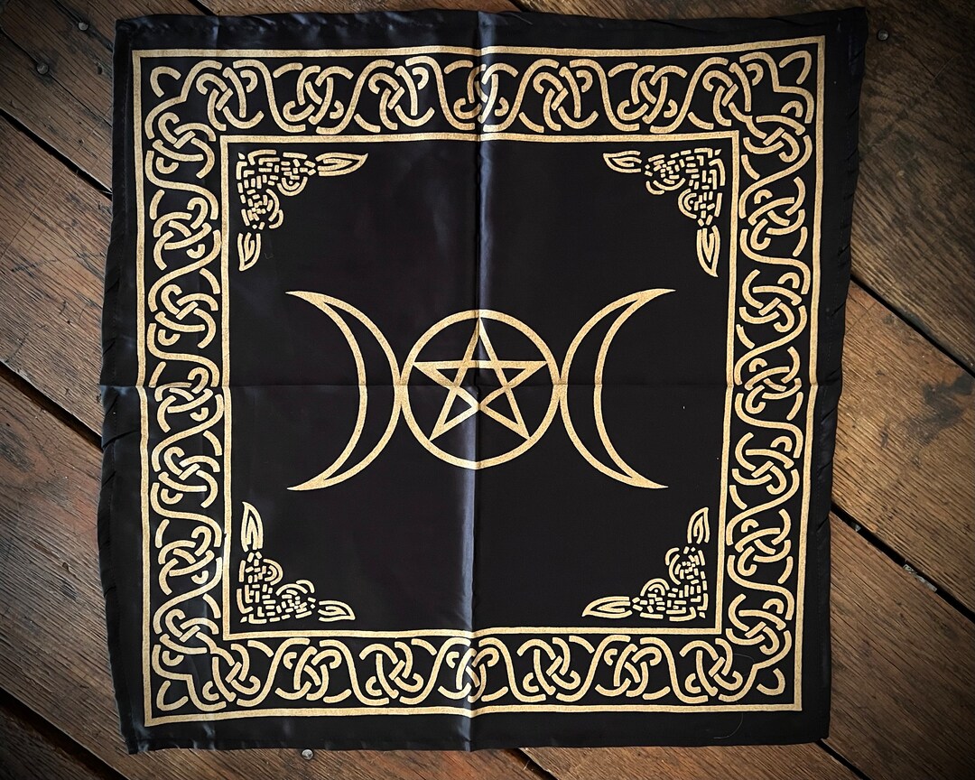Triple Moon Altar Cloth: Black and Gold Celtic Pentacle - 21x21 Satin ...
