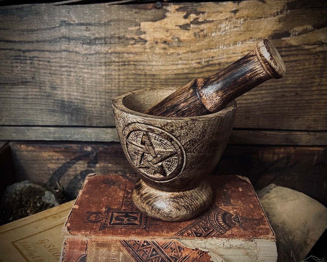Carved Wood Pentacle Mortar and Pestle: Witchcraft Altar Tool - Etsy