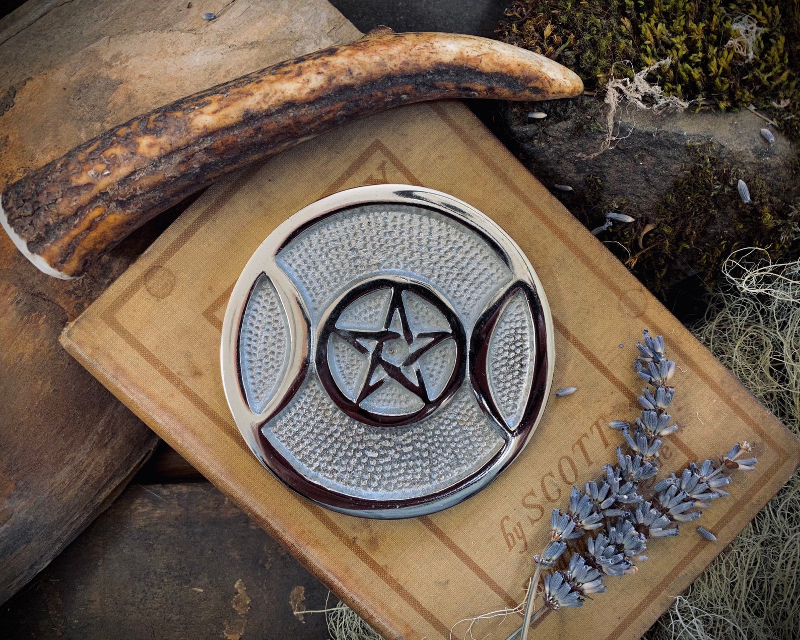 Triple Moon Pentacle Altar Plate Pentagram Silver Metal | Etsy
