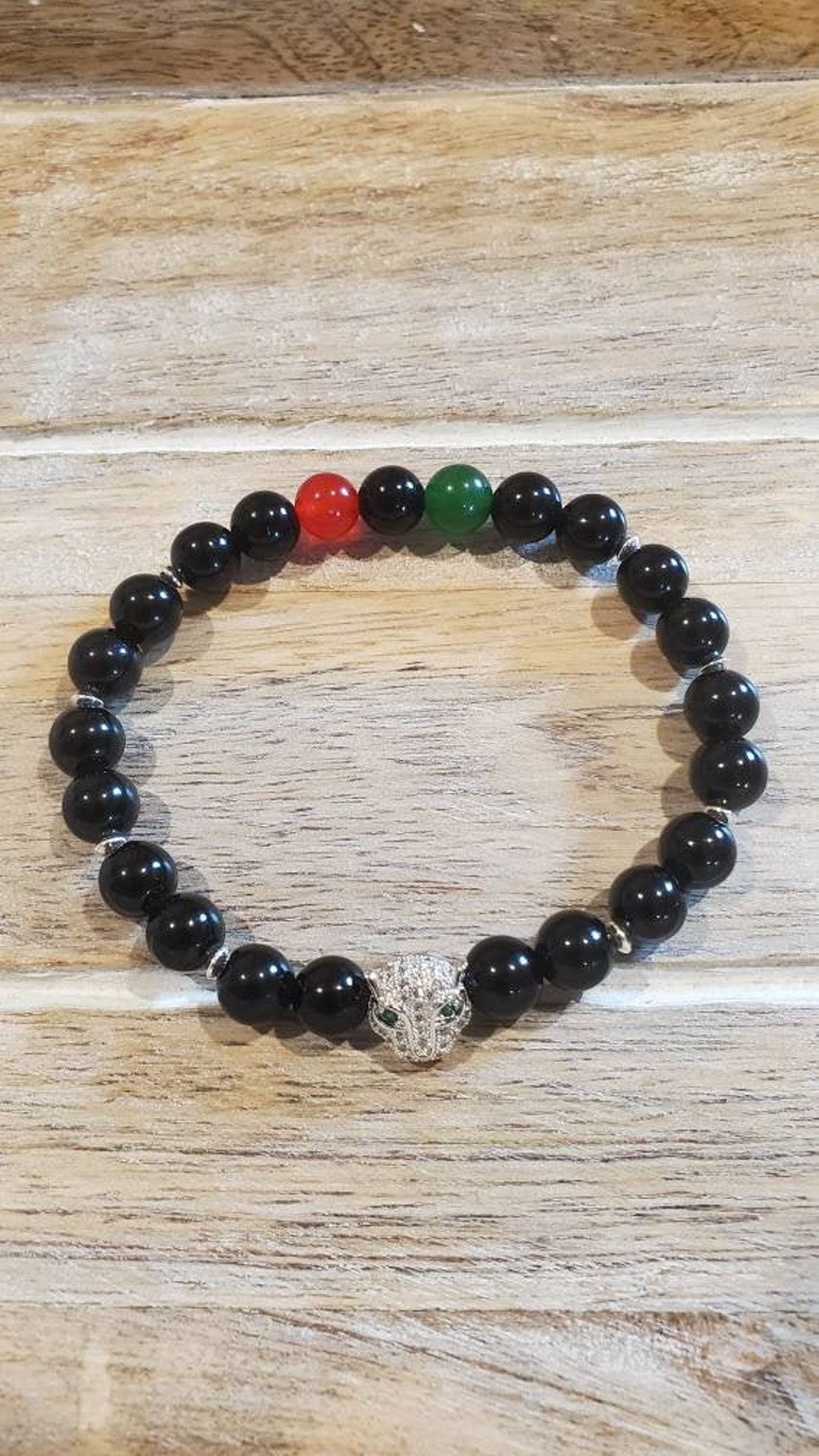 Black Obsidian Bead Bracelet With Cz Pave Panther Head and RBG Accent ...
