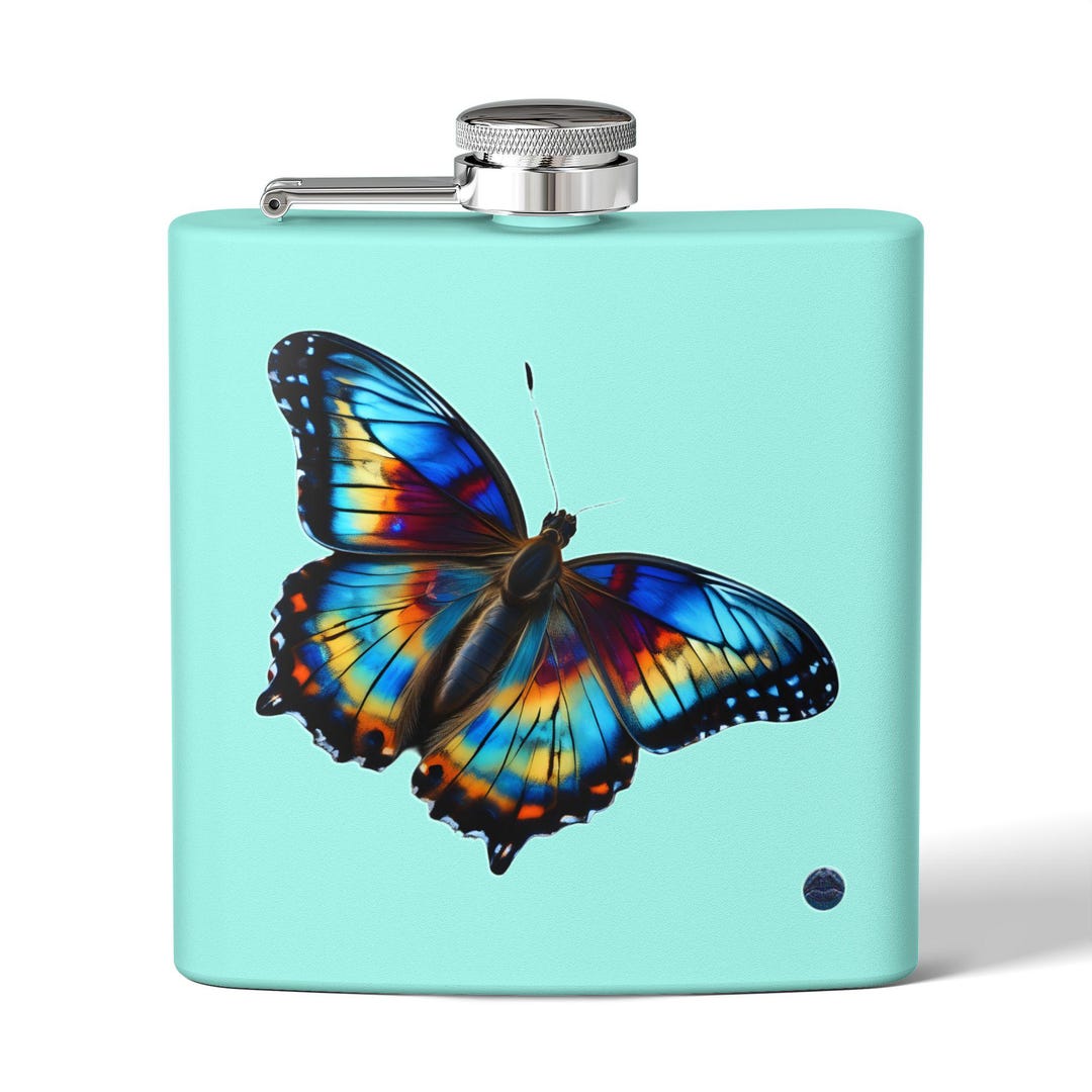 GORGEOUS BUTTERFLY Flask 6oz Stainless Steel Magenta Purple Teal Pink ...