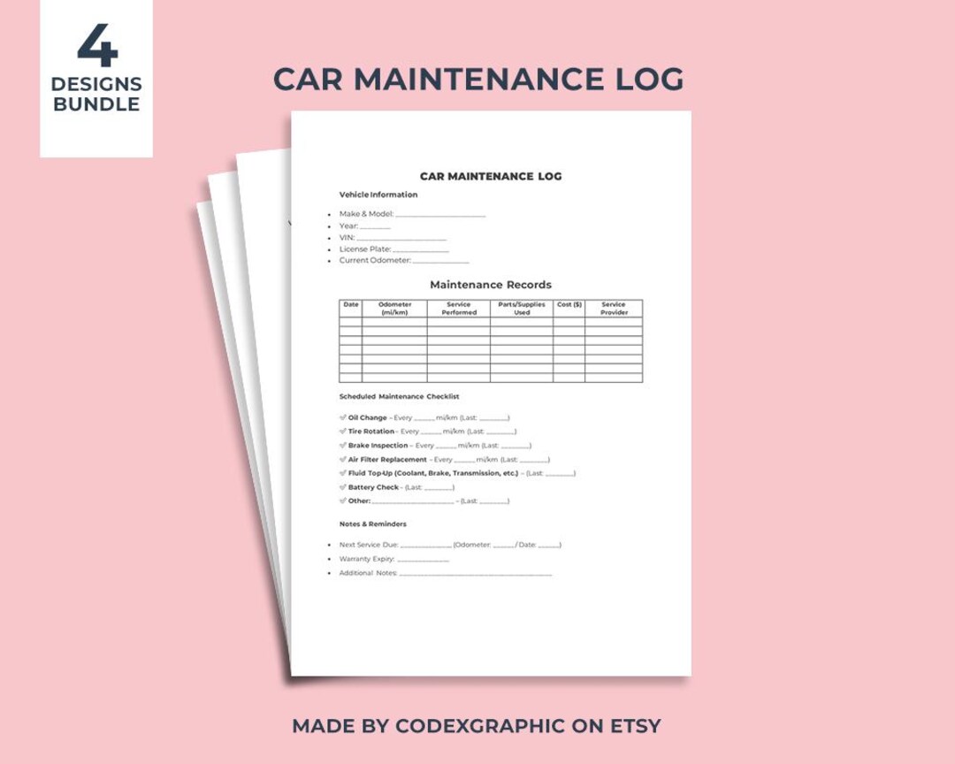 Car Maintenance Log, Vehicle Maintenance Tracker, Auto Care Logbook ...