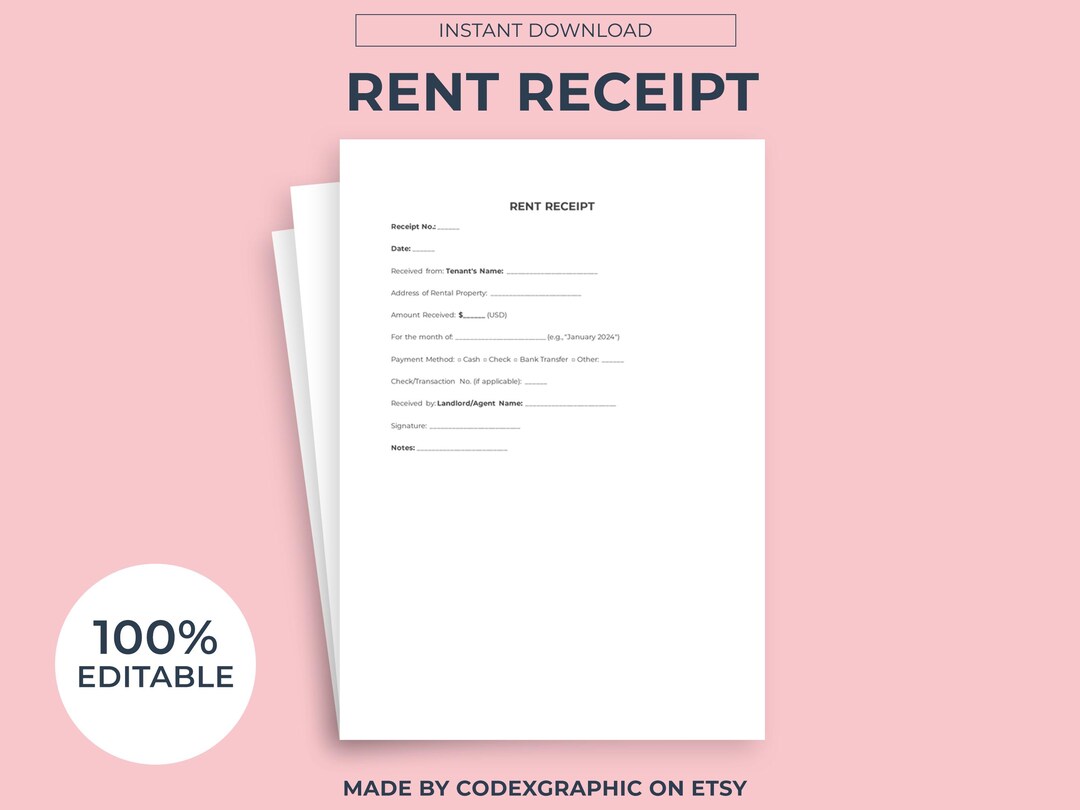 Editable Rent Receipt Template: Landlord & Tenant (digital Download) - Etsy