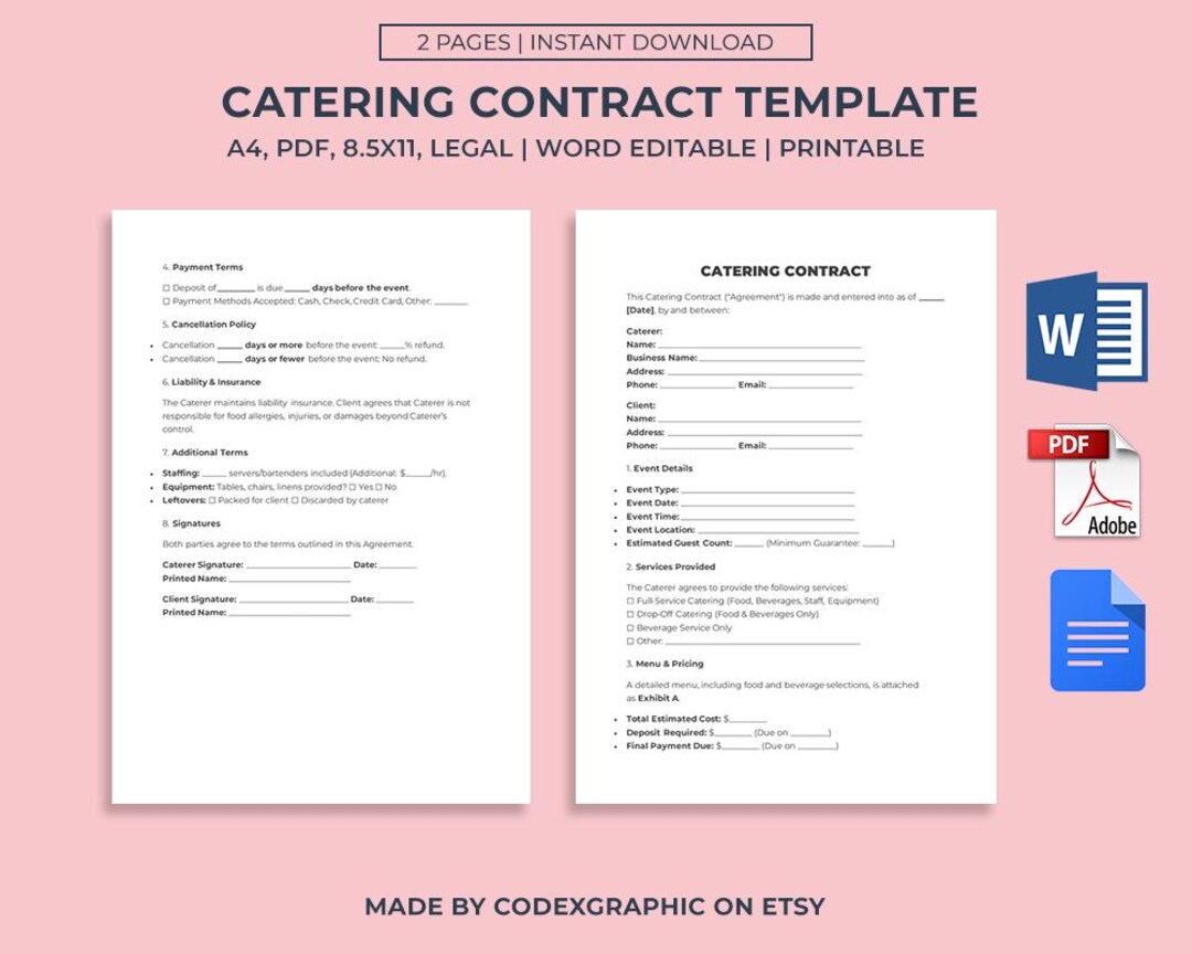 Editable Catering Contract Template: US Letter, A4, Legal (google Docs ...