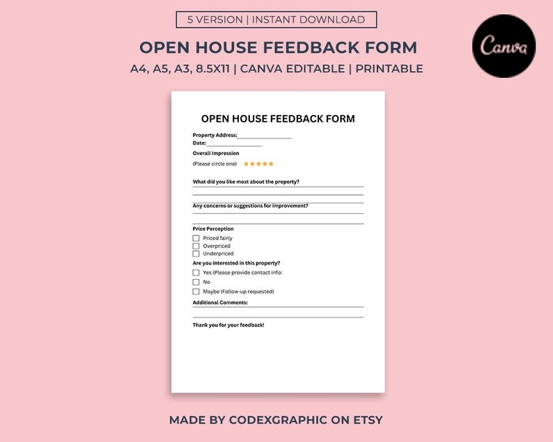 Editable Open House Feedback Form, Real Estate Agent Open House ...