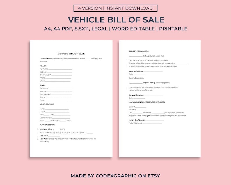 Editable Vehicle Bill of Template – Instant Download, Printable Forms ...