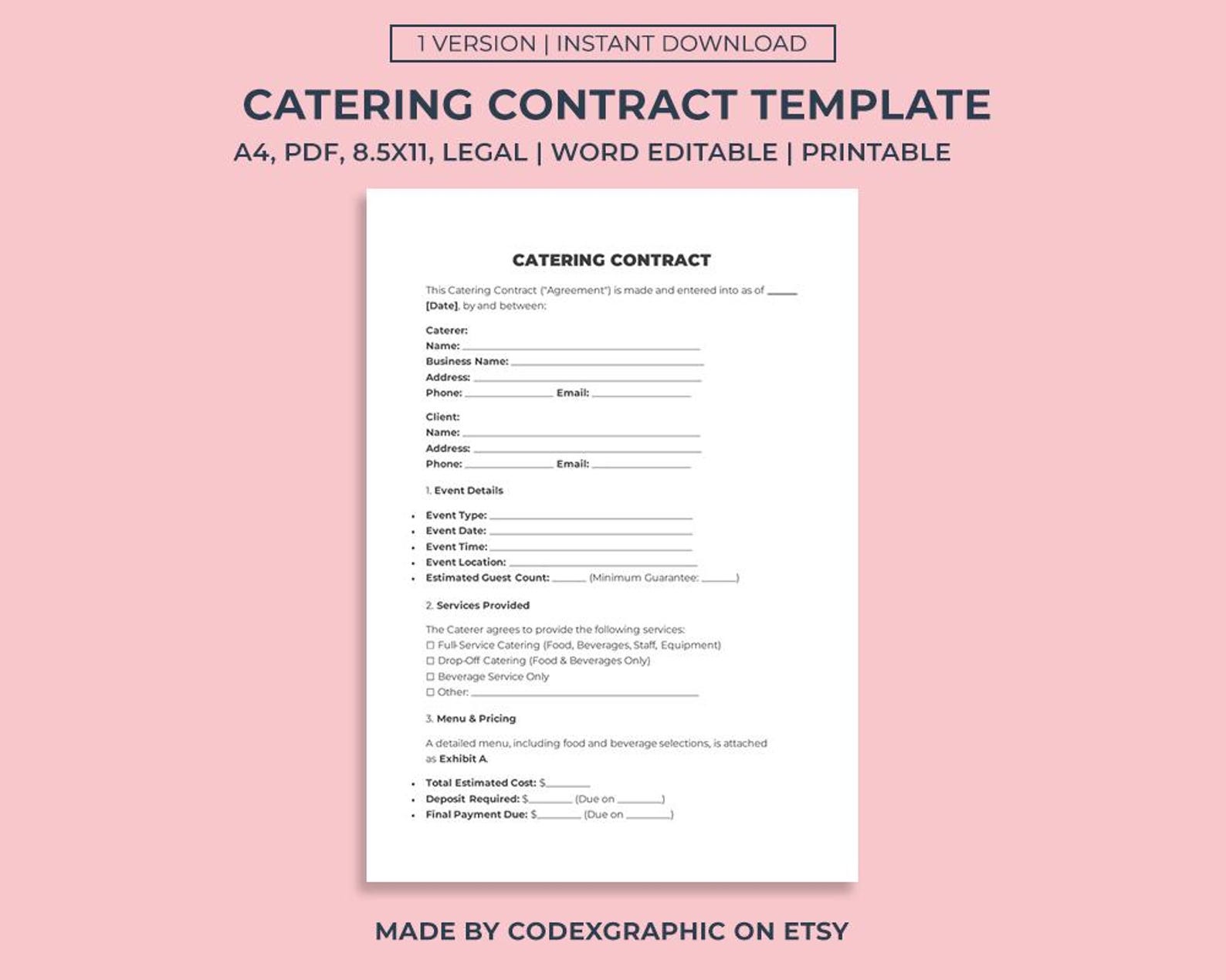 Editable Catering Contract Template: US Letter, A4, Legal (google Docs ...