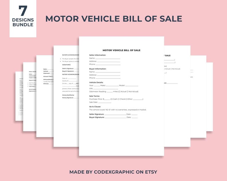 Motor Vehicle Bill of Sale. Editable Car Sale Agreement, Bike Bill of ...