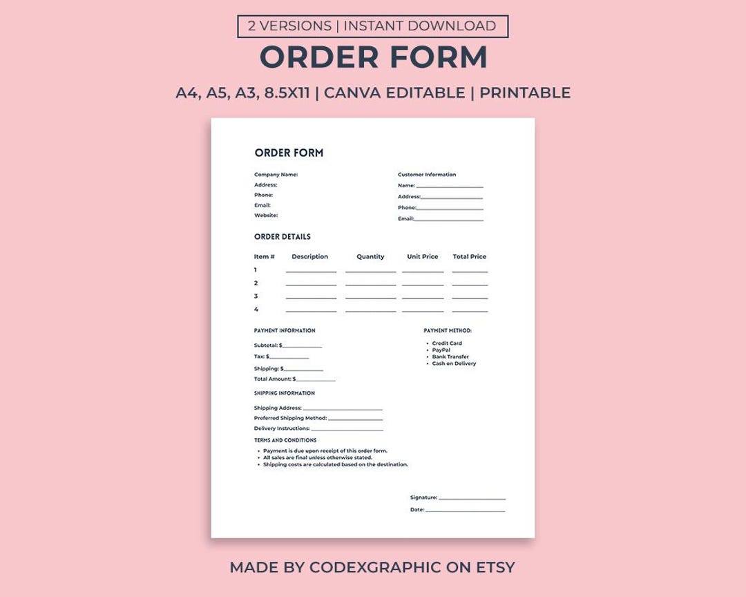 Fillable Order Form Template Printable, Order Form for Small Business ...