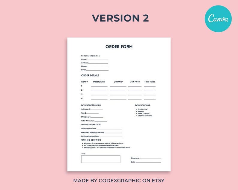 Fillable Order Form Template Printable, Order Form for Small Business ...