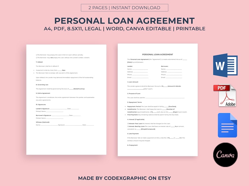 Personal Loan Agreement Family Editable Template | Contract - Etsy