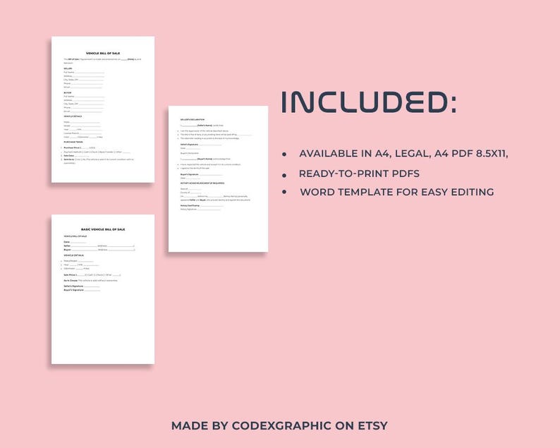 Editable Vehicle Bill of Template – Instant Download, Printable Forms ...