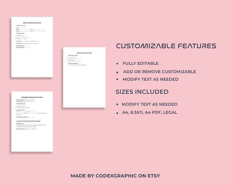 Editable Vehicle Bill of Template – Instant Download, Printable Forms ...