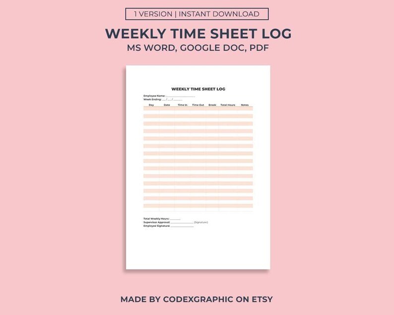 Weekly Time Sheet. Employee Time Sheet. Time Tracker Sheet. Employee ...