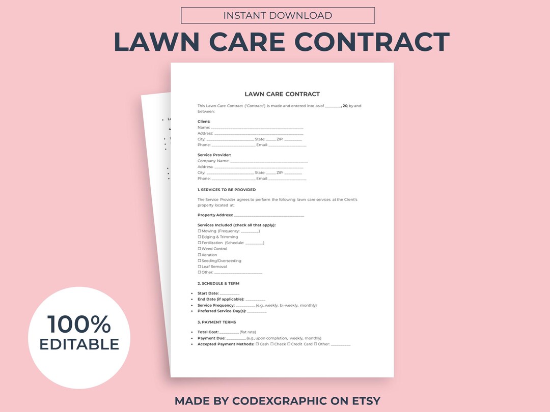Lawn Care Contract Template - Editable Lawncare & Landscaping Agreement ...