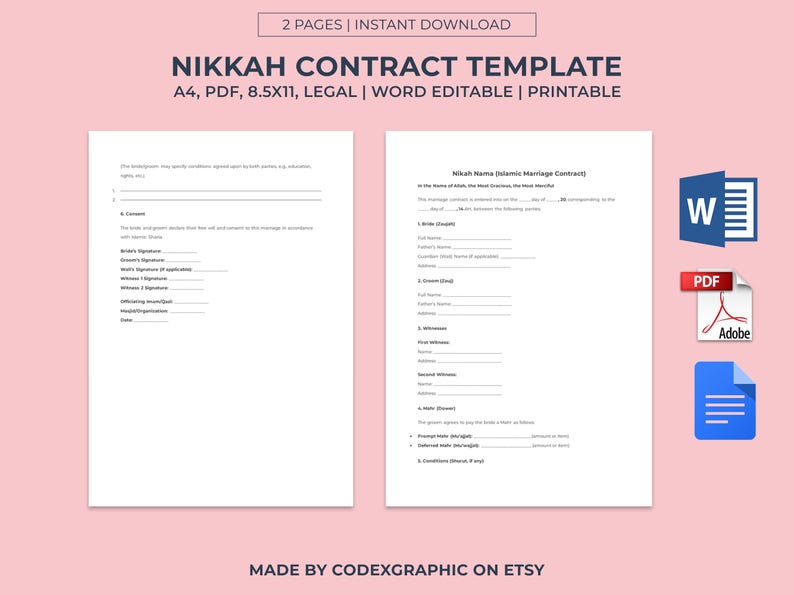 Nikkah Contract Template. Wedding Contract Nikkah. Marriage Certificate ...