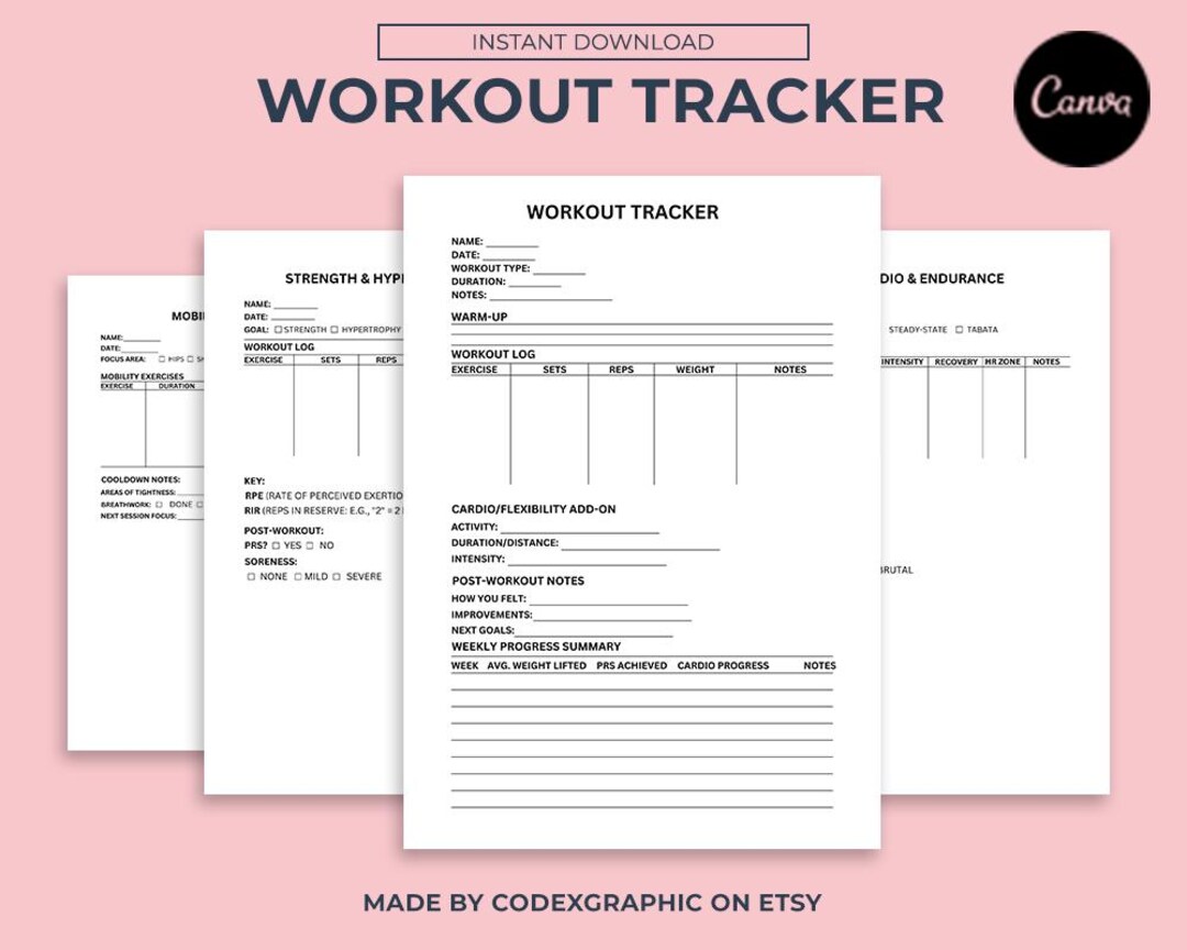 Workout Tracker Printable – Daily Exercise Log, Fitness Journal Planner ...