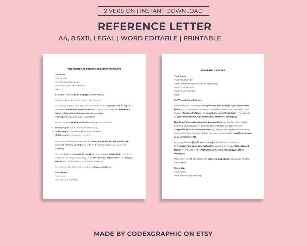Personal Reference Letter Template: Editable Google Docs & Word - Etsy