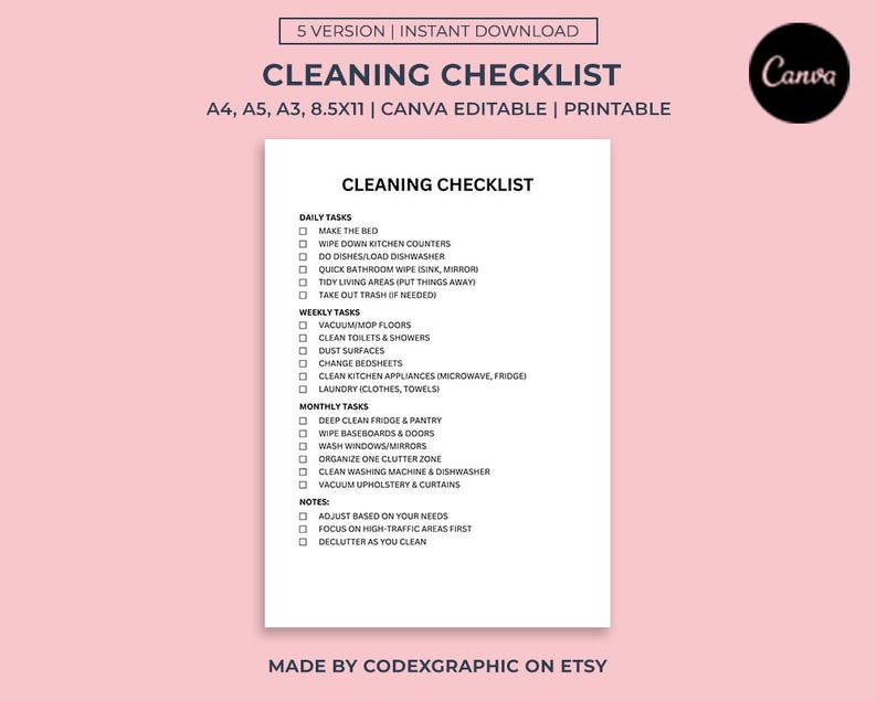 Editable Cleaning Checklist Template: Home & Business (canva, Printable ...
