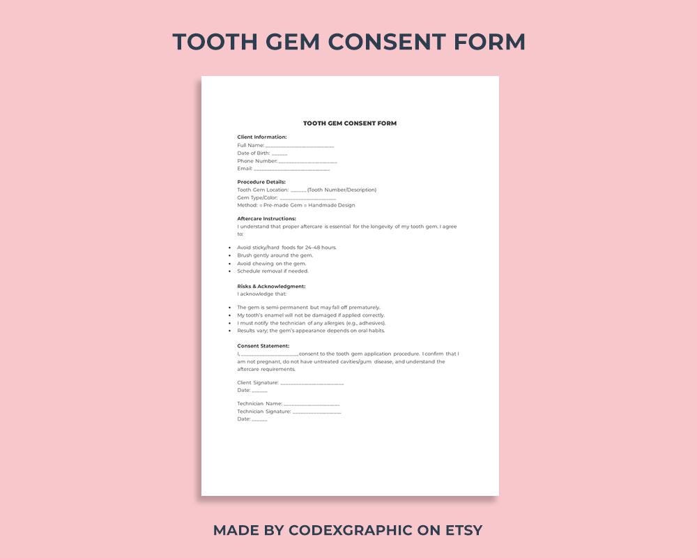 Tooth Gem Consent Form Template, Dental Intake Aftercare (word, PDF ...