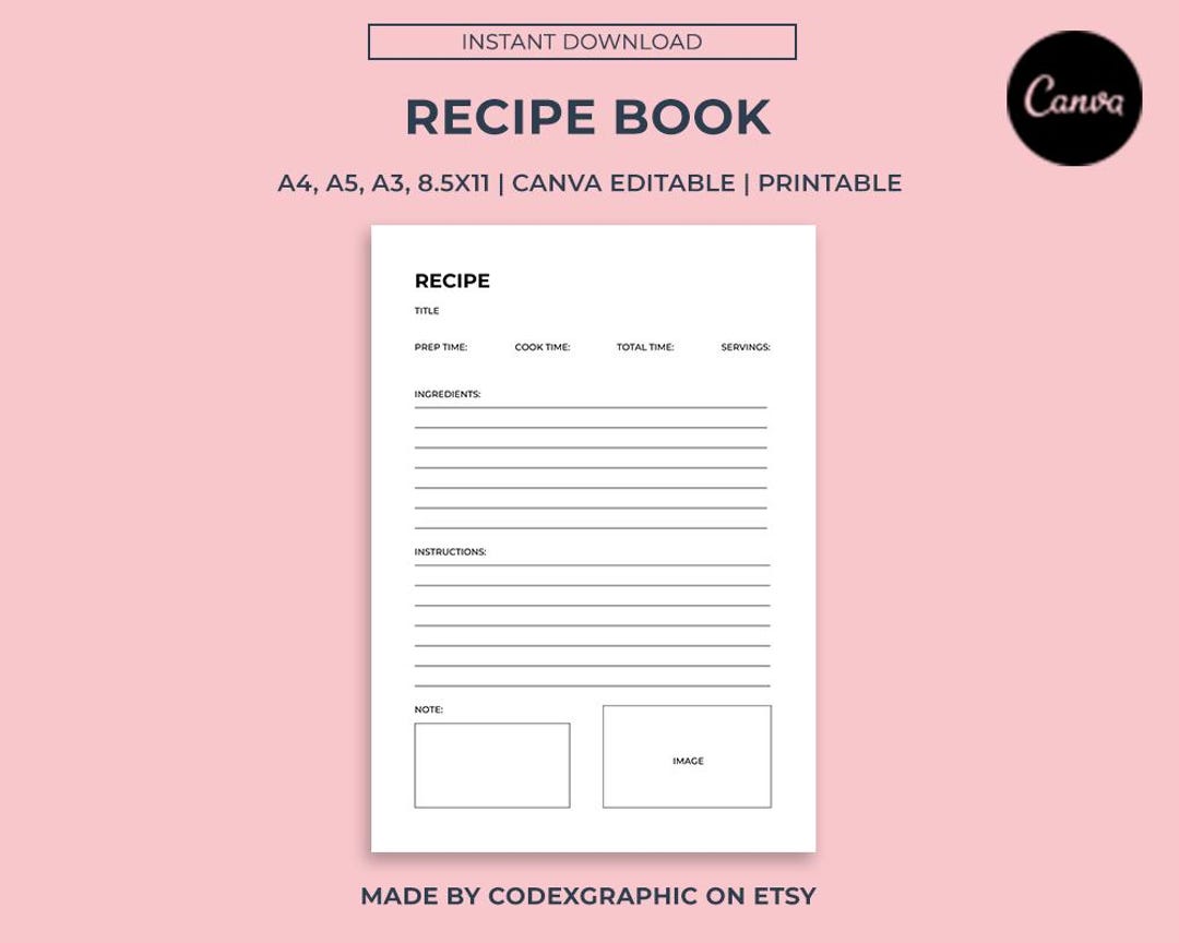 Book Template Recipe Planner Printable - Blank Recipe Pages, Cookbook ...